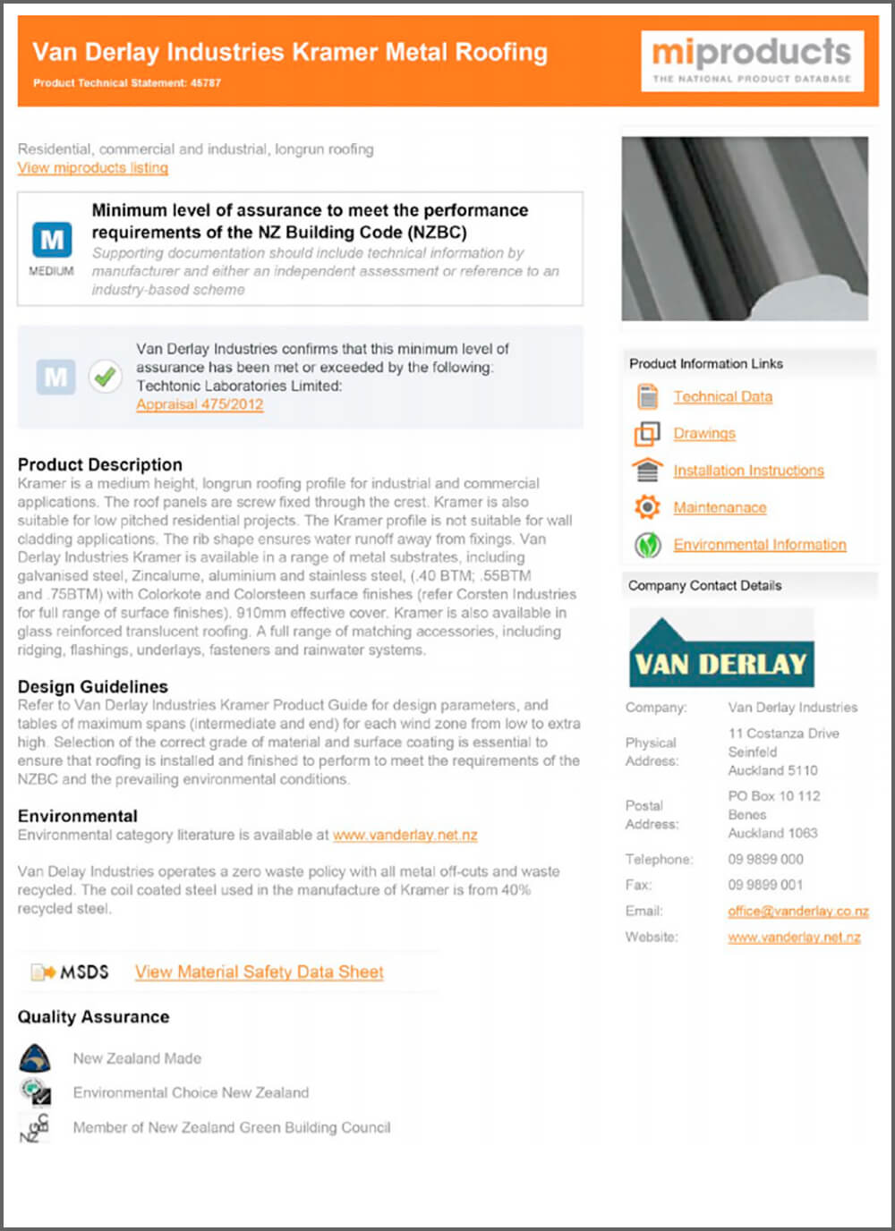 Product Technical Statements - Masterspec